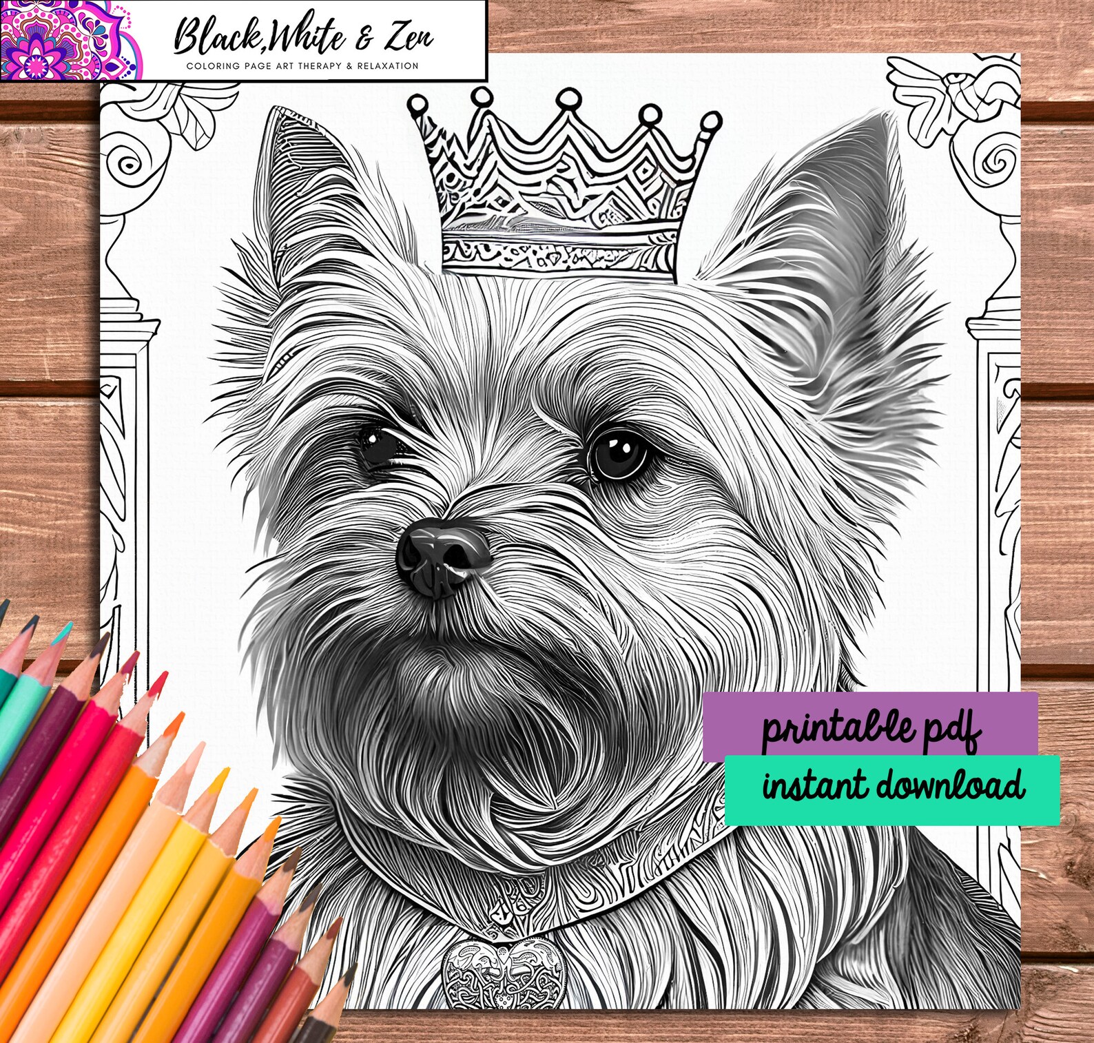 Printable Dog Coloring Page Yorkie King Yorkshire Terrier Instant ...