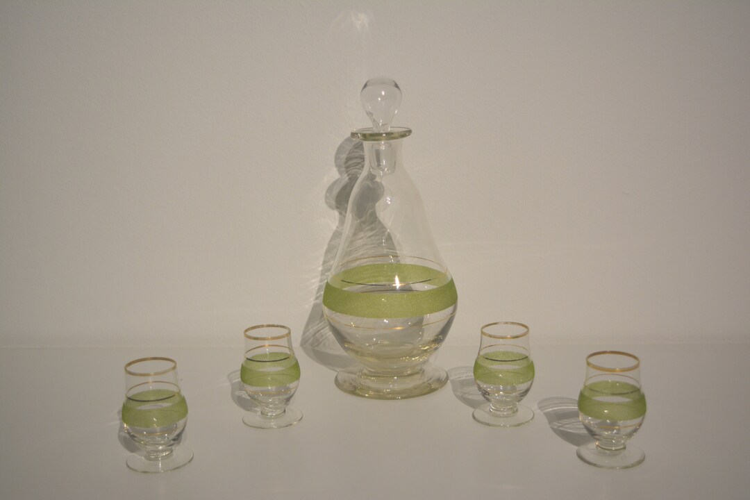Vintage Thin Glass Liqueur Set of Pear Shaped Decanter With 4 Small ...