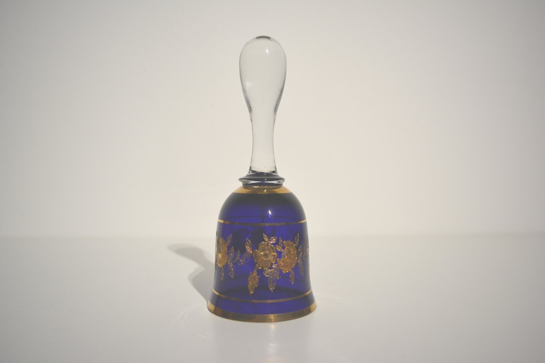 Vintage Bohemia Crystal Deep Blue Glass Bell With Gold Floral ...