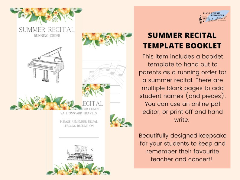 Summer Recital Booklet Template, Music Concert Order (printable PDF) - Etsy