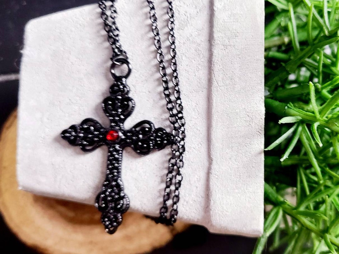 Vampire Cross Necklace Black Steel With Red Crystal Gemstone Gothic ...
