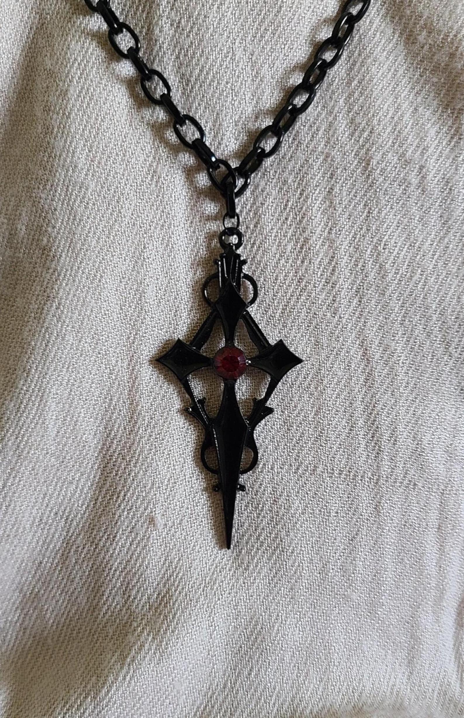 Vintage Vampire Cross Black Steel Necklace With Red Gemstone - Withcy ...