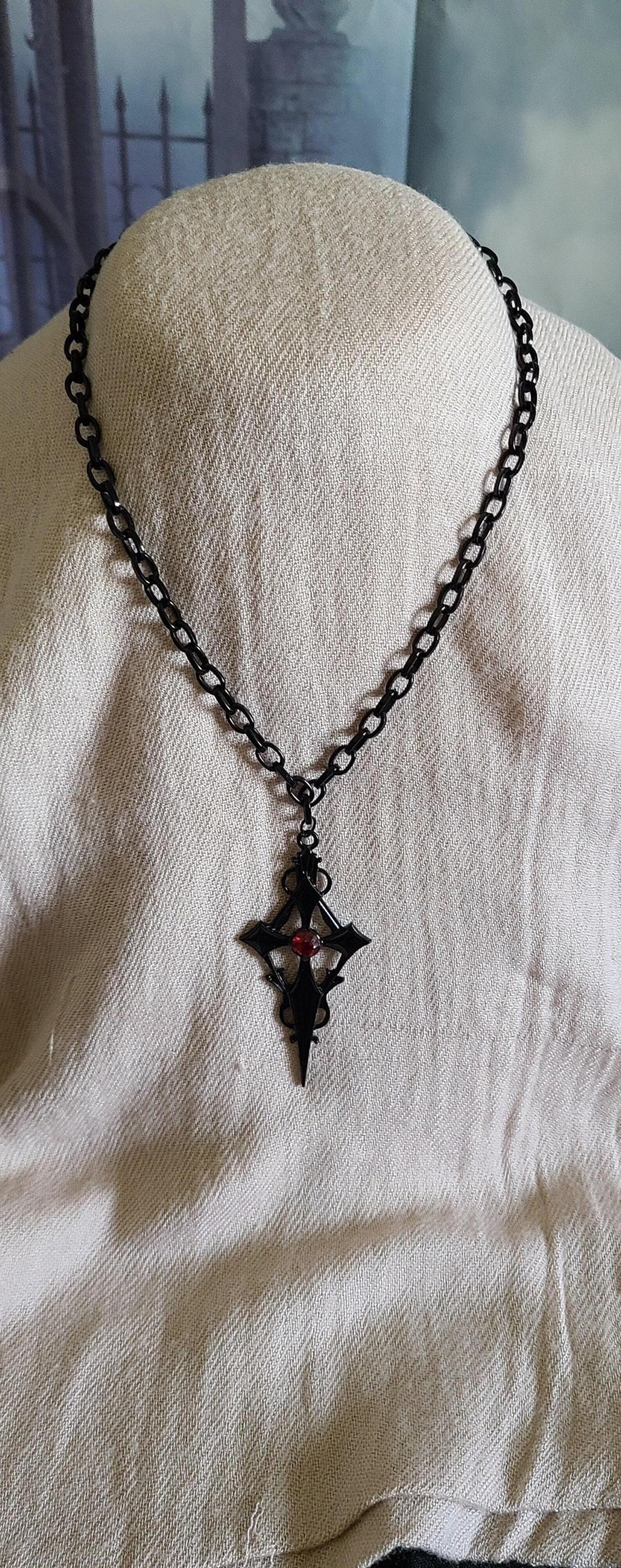 Vintage Vampire Cross Black Steel Necklace With Red Gemstone - Withcy ...