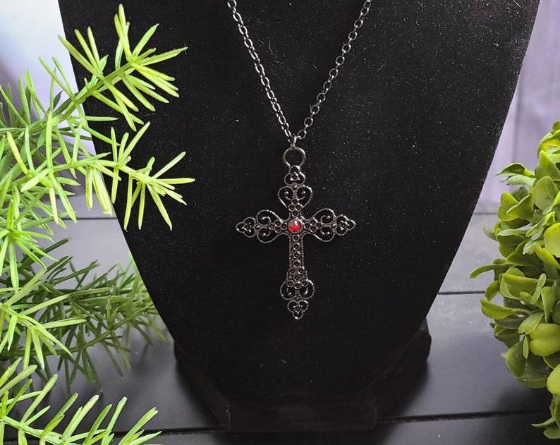 Vampire Cross Necklace Black Steel With Red Crystal Gemstone - Etsy
