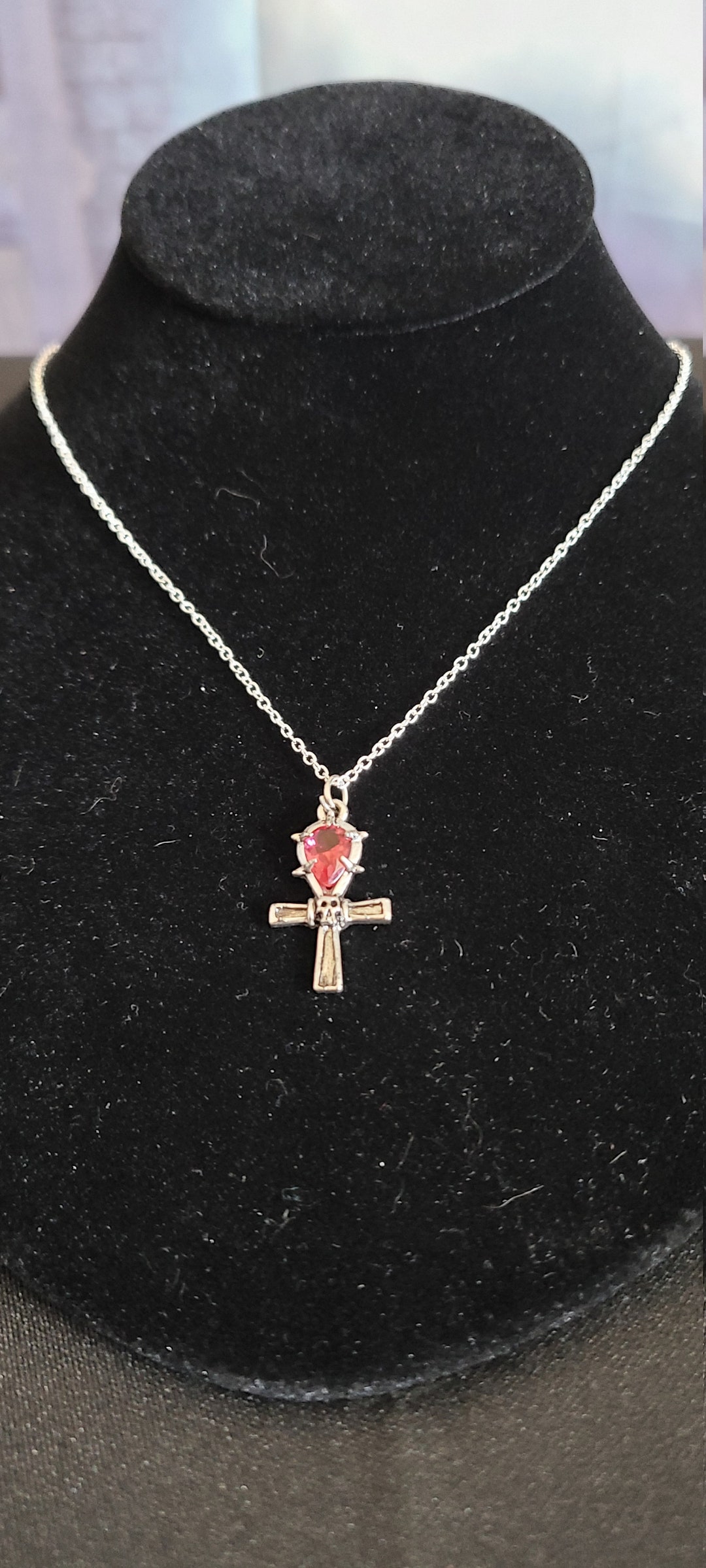 Gothic Vampire Skull Cross Necklace Silver & Pink Crystal - Etsy