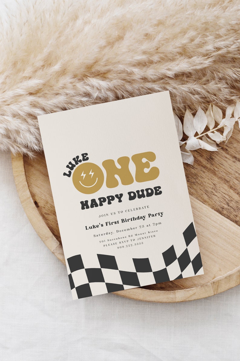 One Happy Dude Birthday Invitation Template Retro Smile Face - Etsy