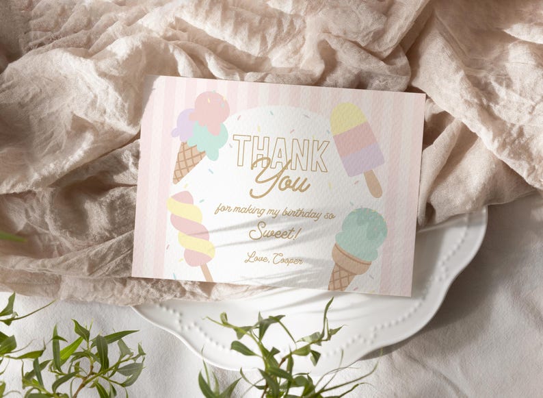 Ice Cream Birthday Thank You Card: Editable Summer Party Decor (digital ...