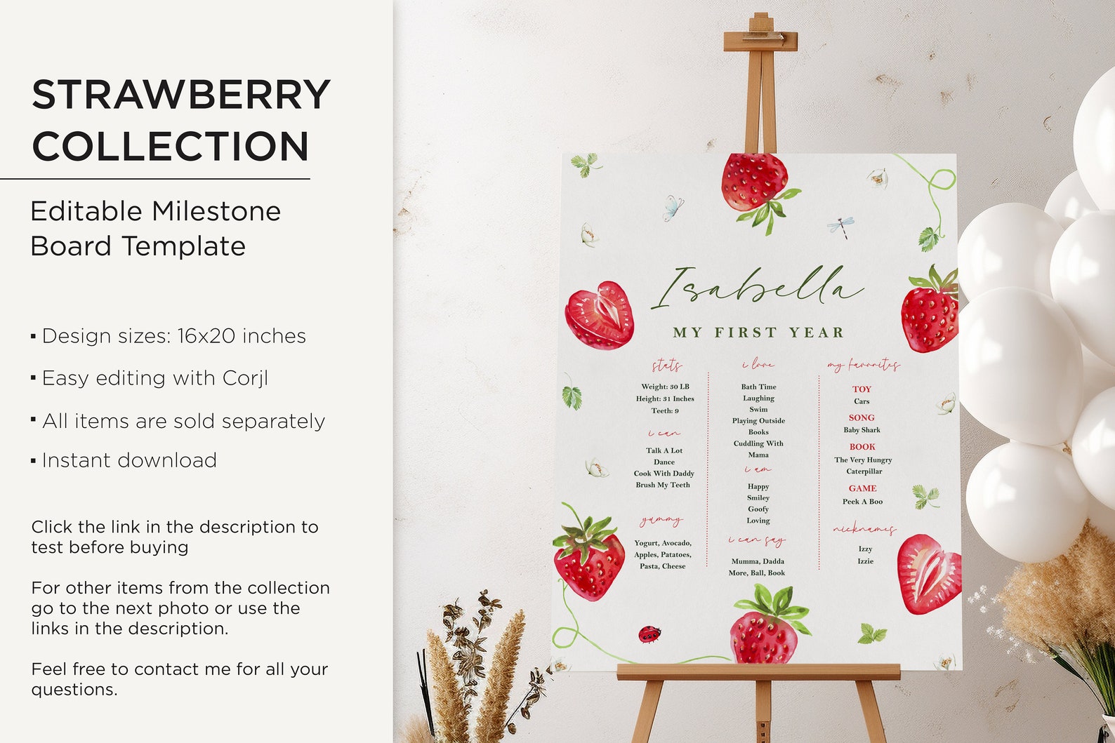 Strawberry Birthday Milestone Board Berry First Birthday Party Poster ...