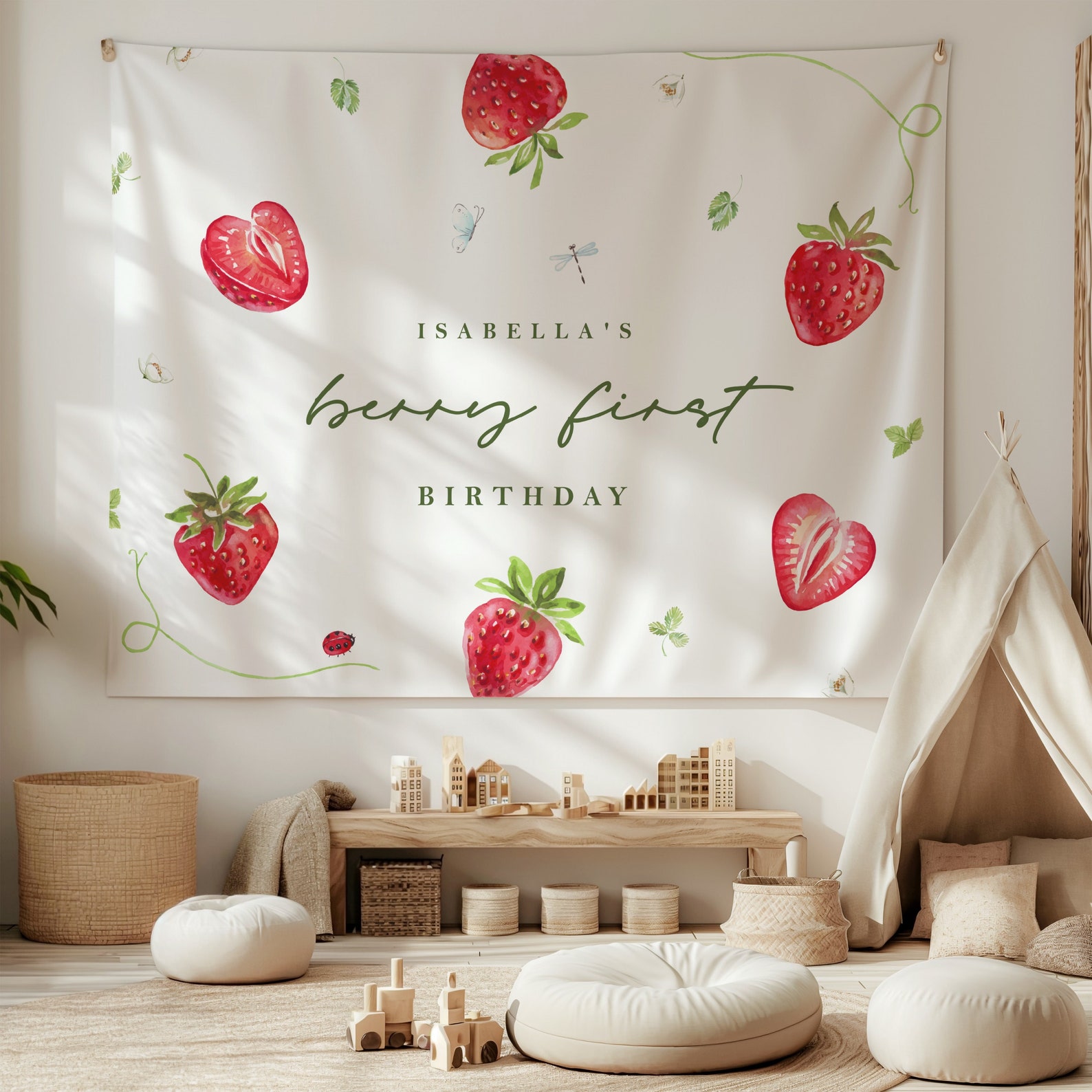 Strawberry Birthday Backdrop Custom Berry First Party Banner Berry ...