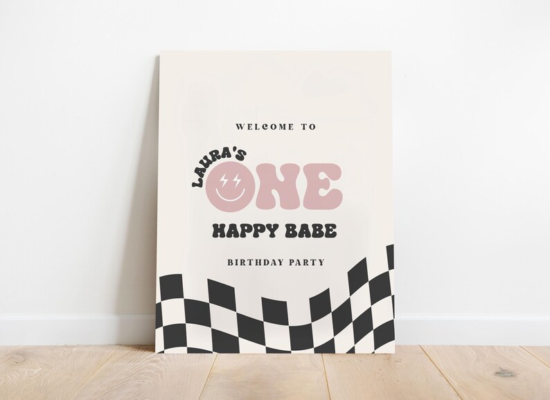 One Happy Babe Birthday Welcome Sign: Editable Retro Smiley Face First ...