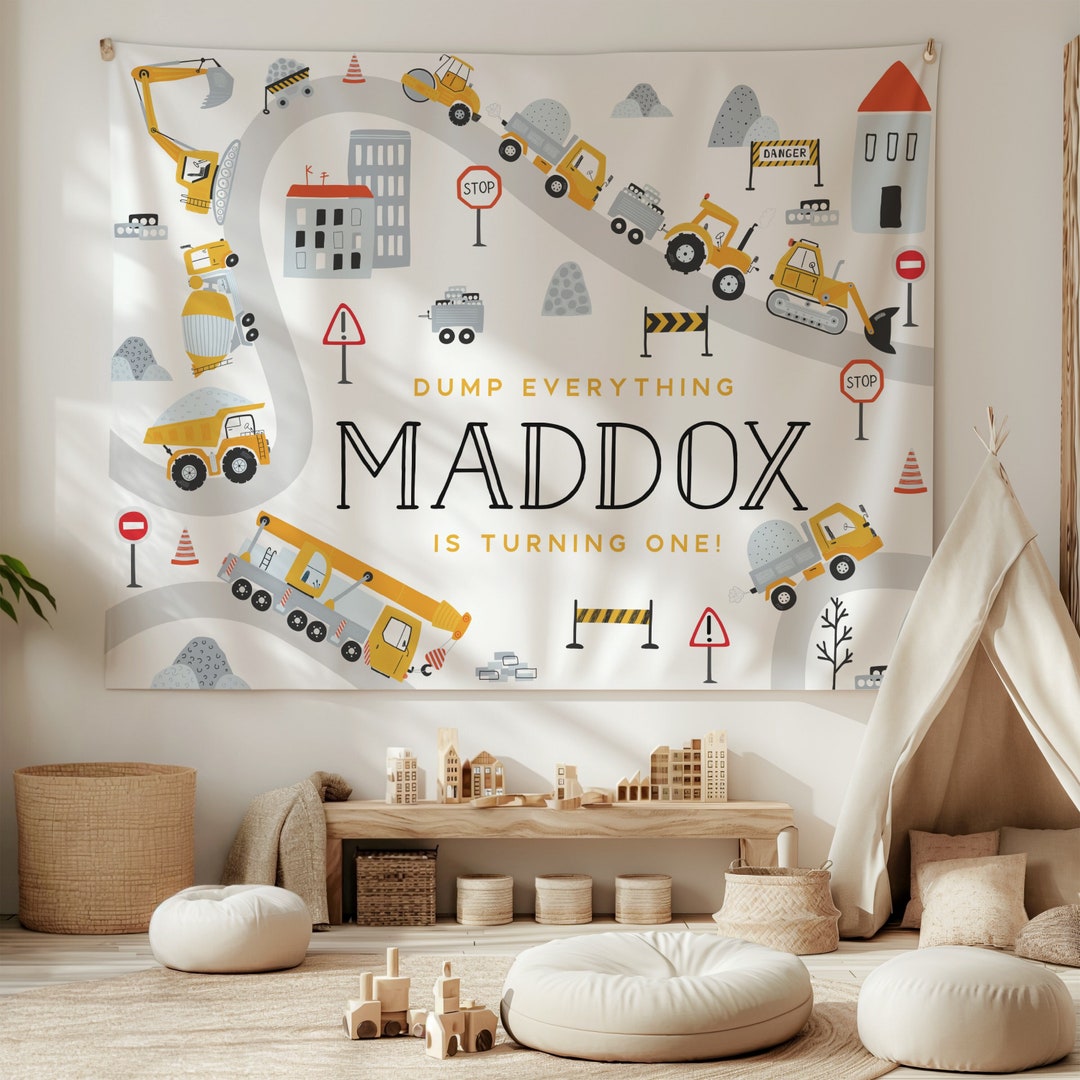 Construction Trucks Birthday Backdrop - Under Construction Theme Party ...