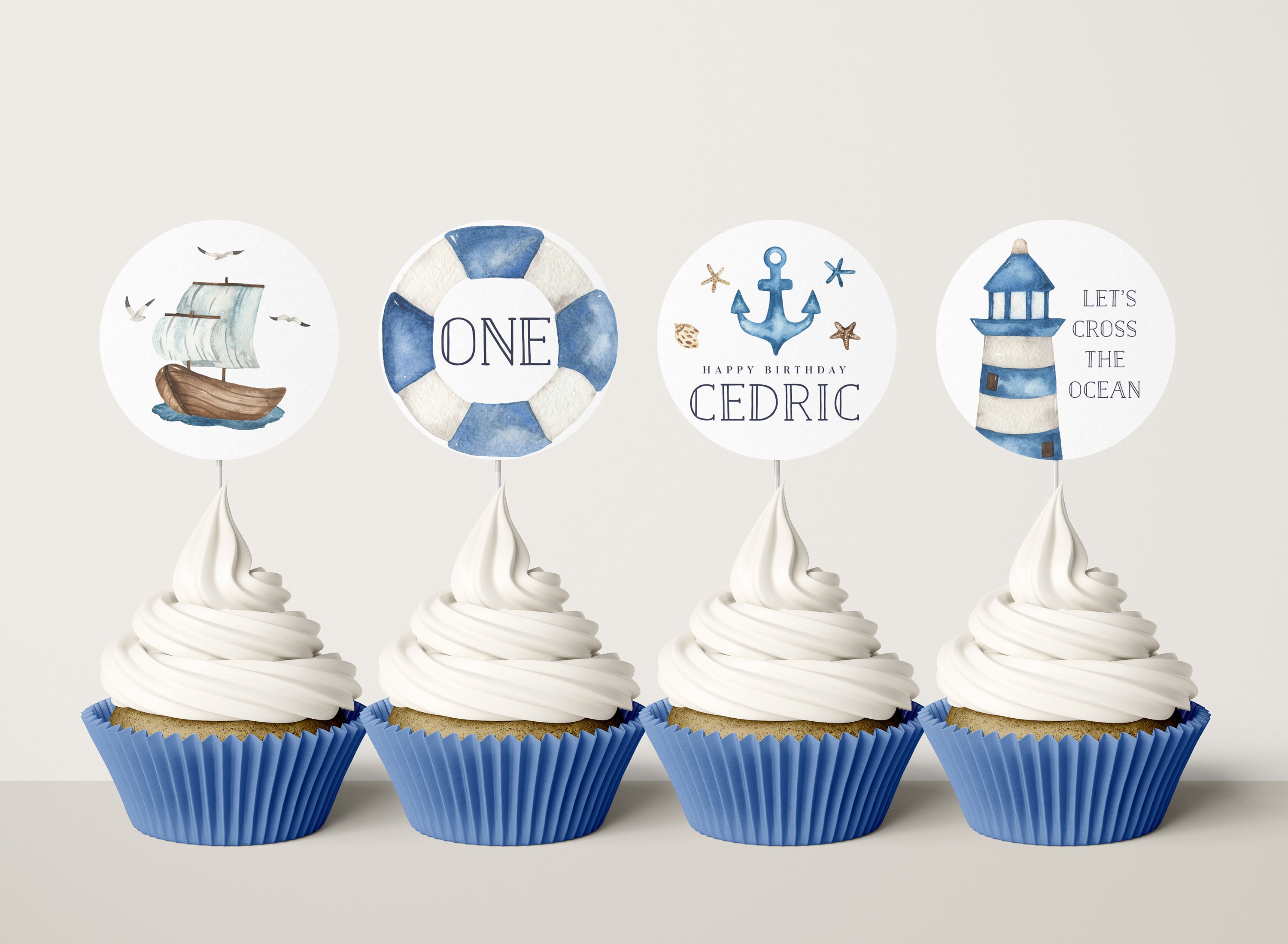 Nautical Birthday Cupcake Toppers Navy Theme Party Decorations Sailboat ...