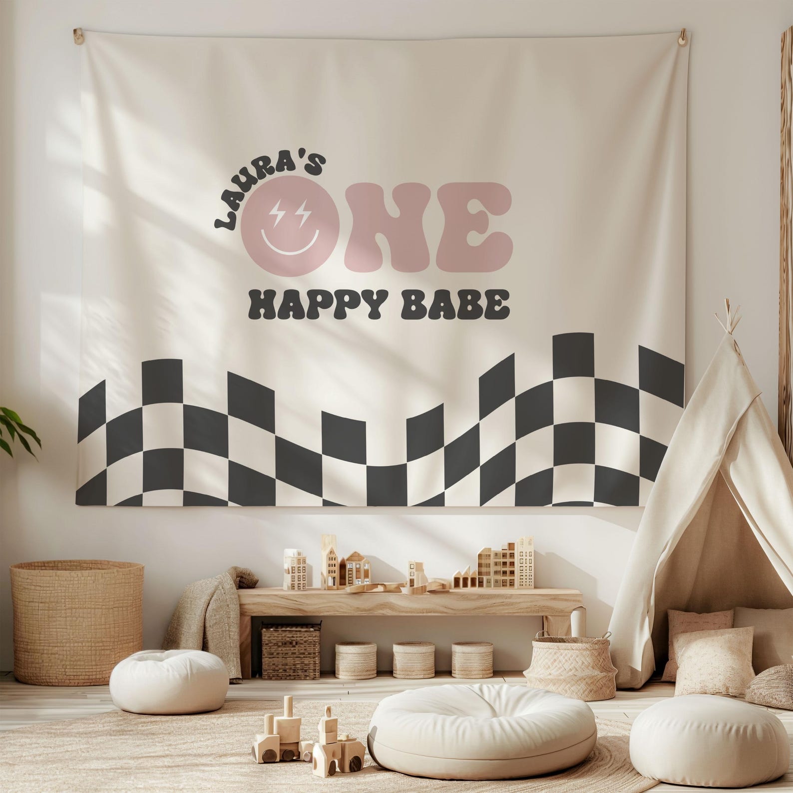 One Happy Babe Birthday Welcome Sign: Editable Retro Smiley Face First ...