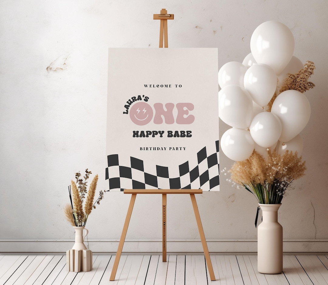 One Happy Babe Birthday Welcome Sign: Editable Retro Smiley Face First ...