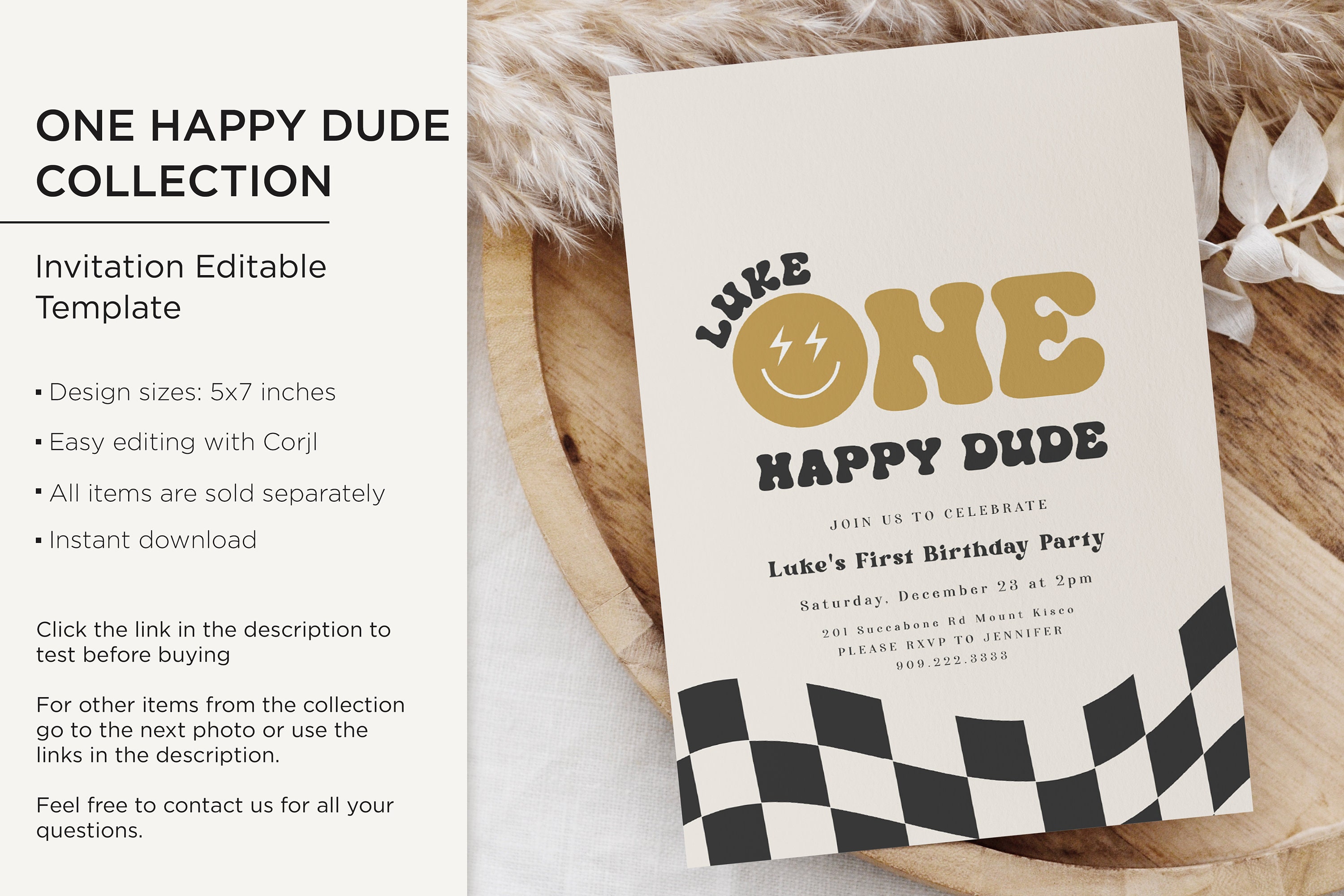 One Happy Dude Birthday Invitation Template Retro Smile Face - Etsy