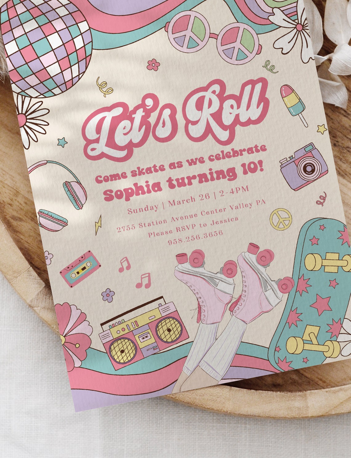 Retro Roller Skate Birthday Party Invitation Let's Roll Skating Retro ...