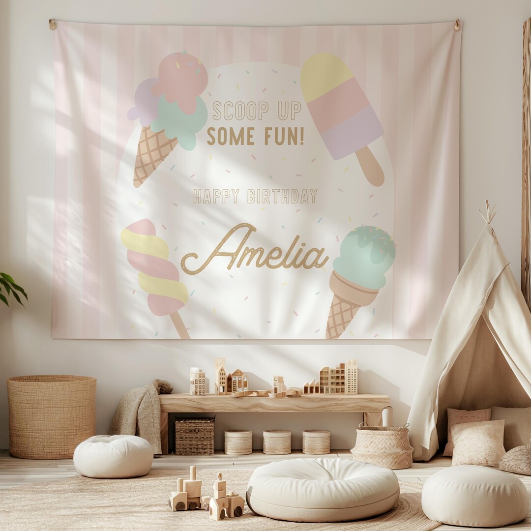 Ice Cream Birthday Backdrop: Editable Summer Party Decor (digital ...