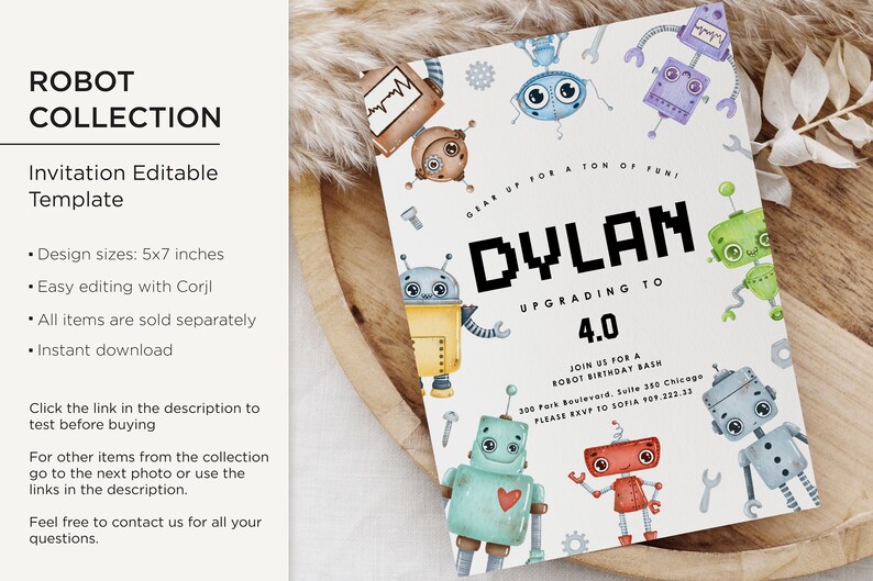 Robot Birthday Invitation Template Editable Robot Party Invite Boy ...