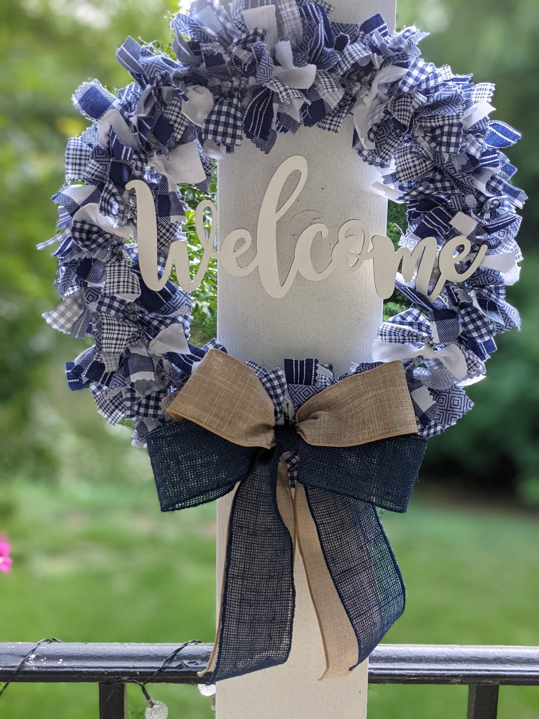 Blue & White Farmhouse Welcome Rag Wreath - Etsy