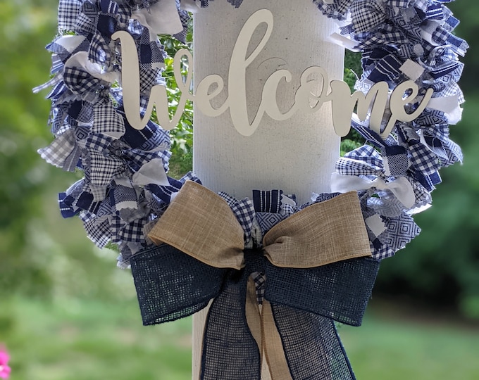 Blue & White Farmhouse Welcome Rag Wreath - Etsy