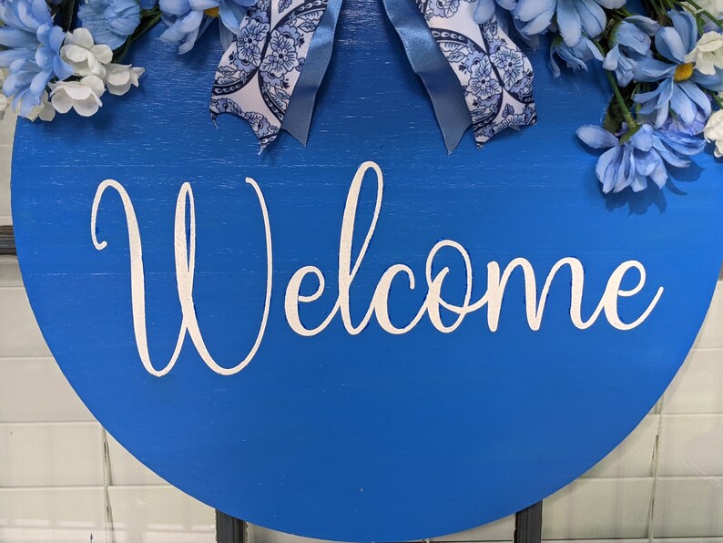 Blue and White Round Wood Welcome Door Hanger - Etsy