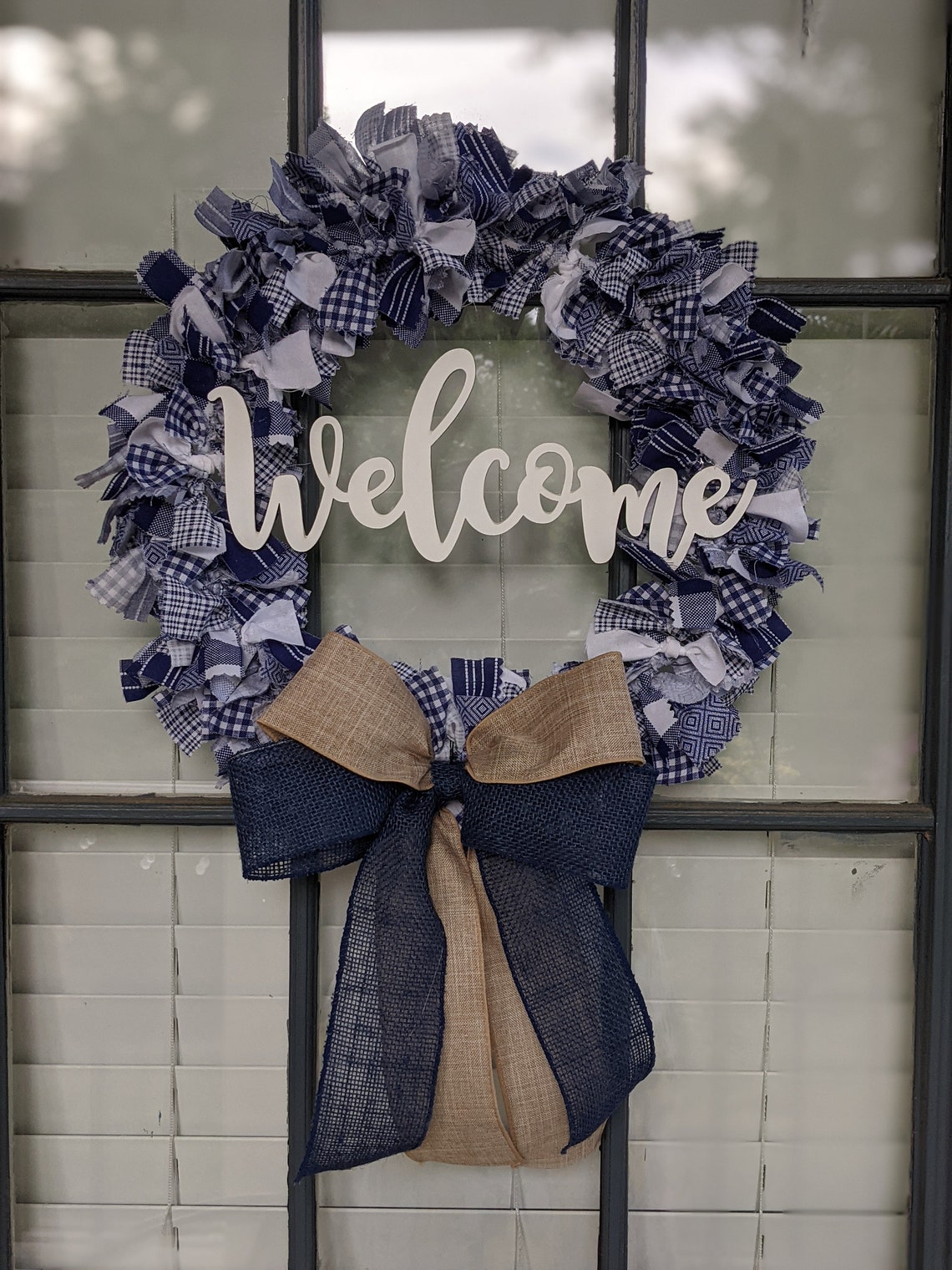 Blue & White Farmhouse Welcome Rag Wreath - Etsy