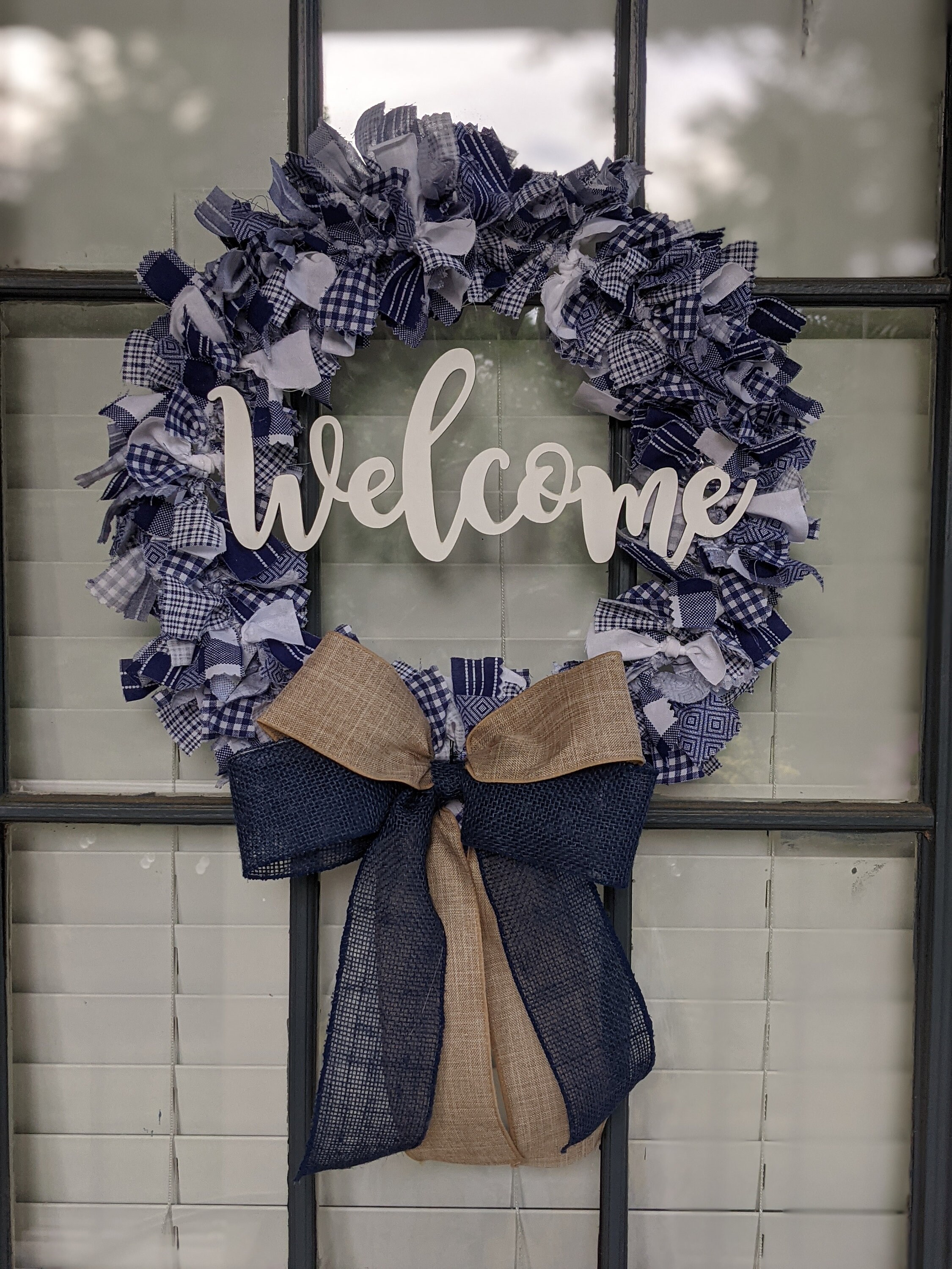 Blue & White Farmhouse Welcome Rag Wreath - Etsy