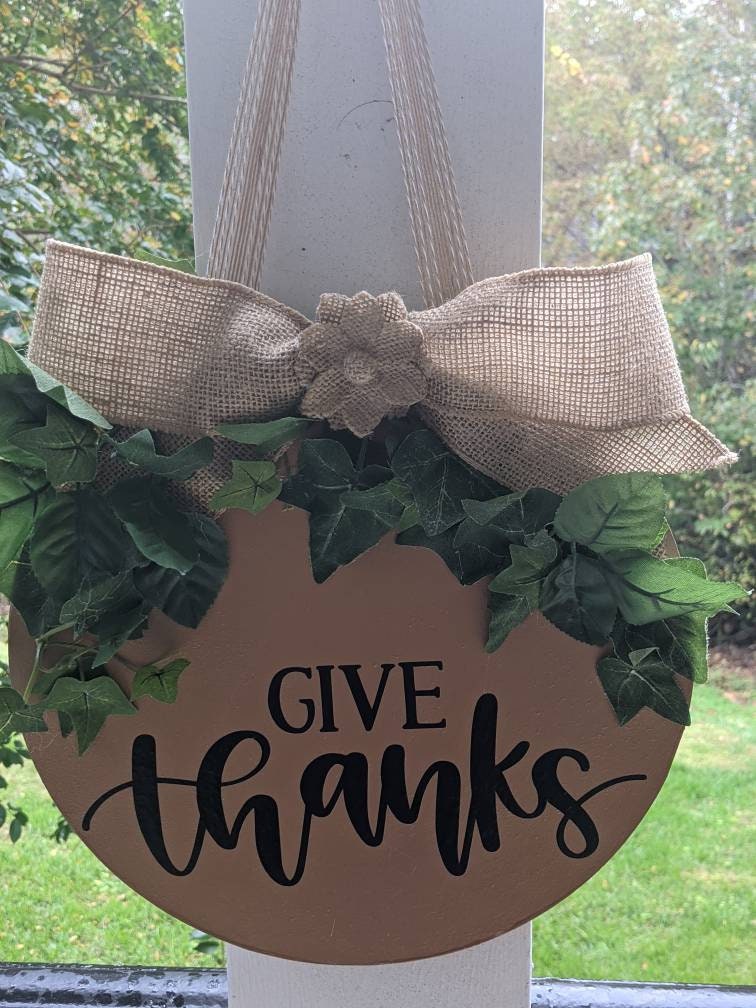 Give Thanks Round Wood Door Hanger, Front Door Sign, Fall, Thanksgiving ...