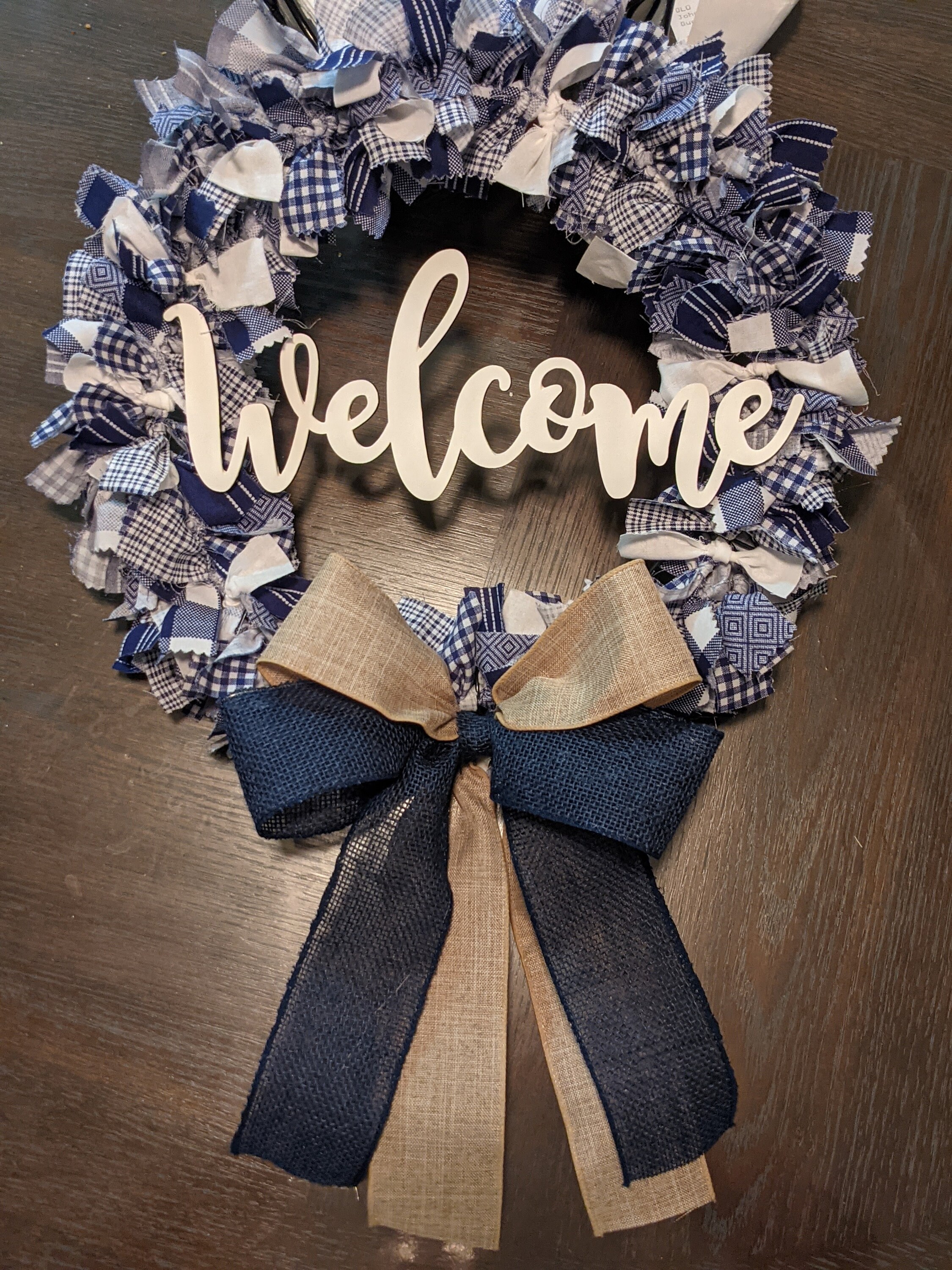 Blue & White Farmhouse Welcome Rag Wreath - Etsy