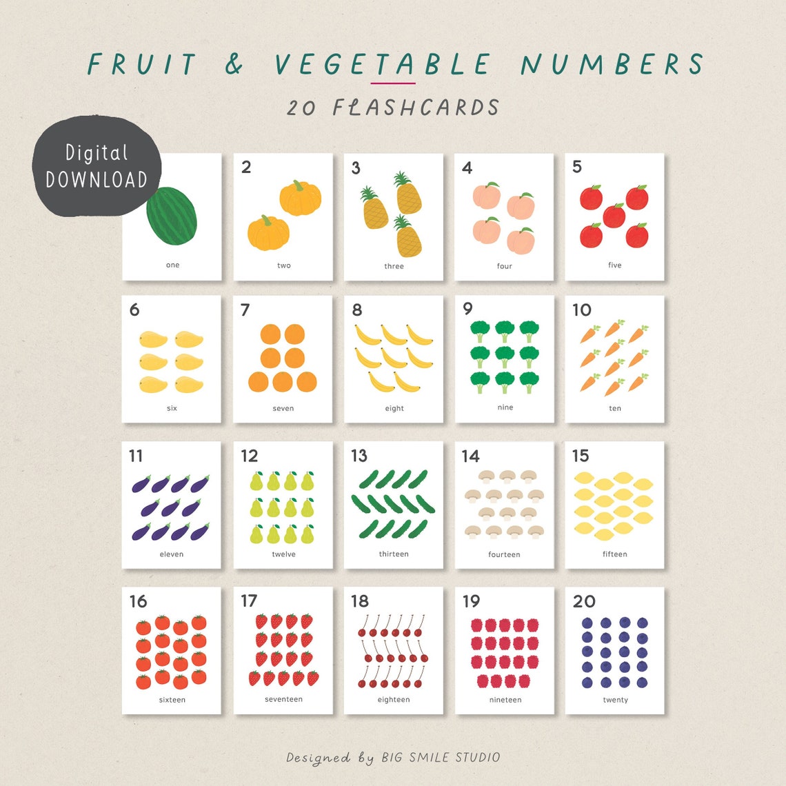 PRINTABLE Fruit&vegetable Number 1-20 Flashcards for Kids, Learning ...