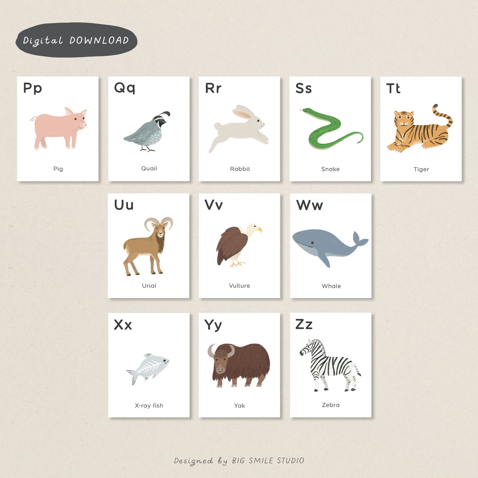 PRINTABLE Animal Alphabet Flashcards for Kids, Montessori Preschool ABC ...