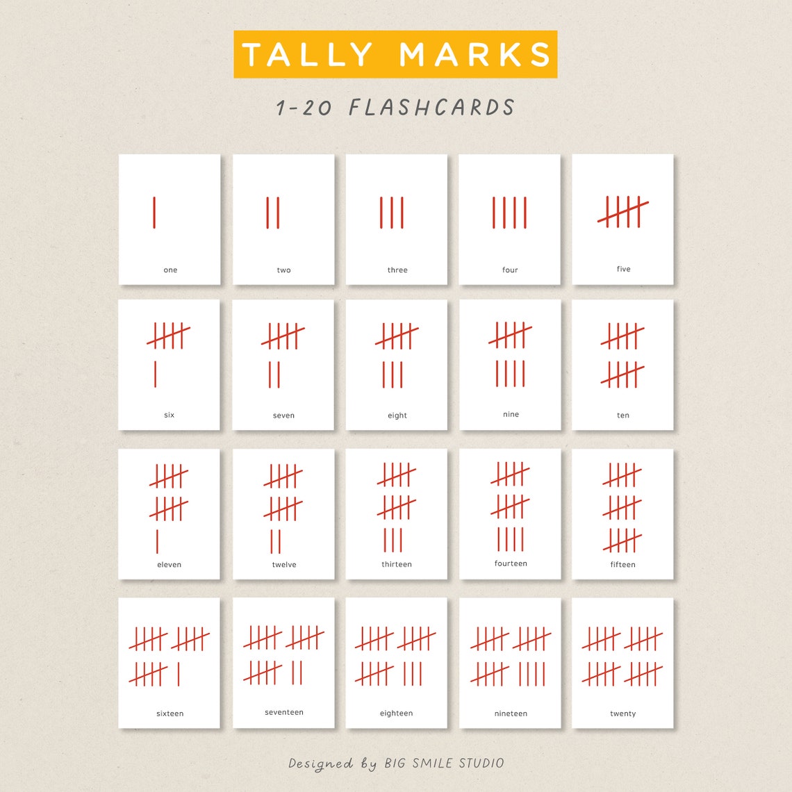 PRINTABLE Tally Marks Flashcards 1-20 for Kids, Learning Number Sense ...