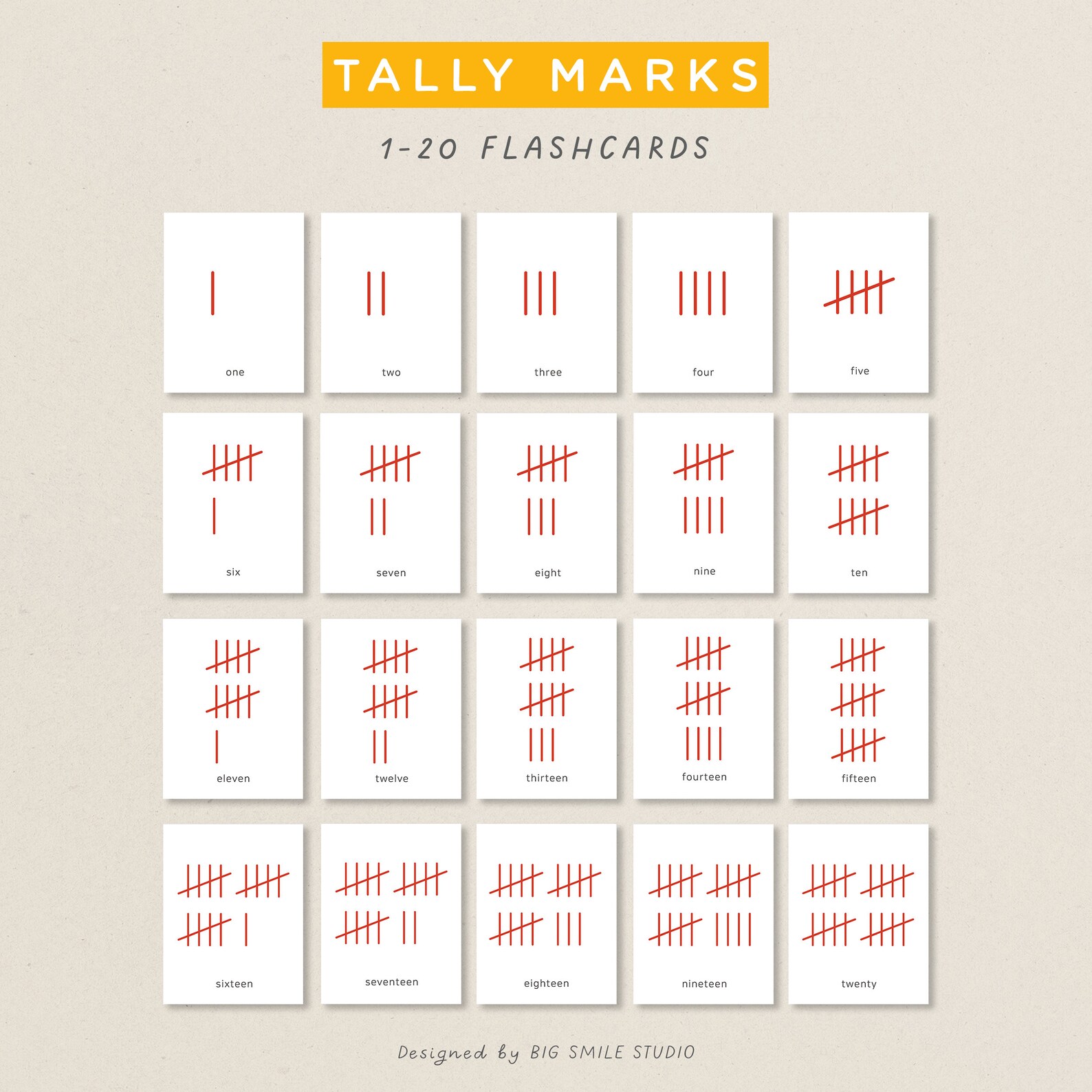 PRINTABLE Tally Marks Flashcards 1-20 for Kids, Learning Number Sense ...