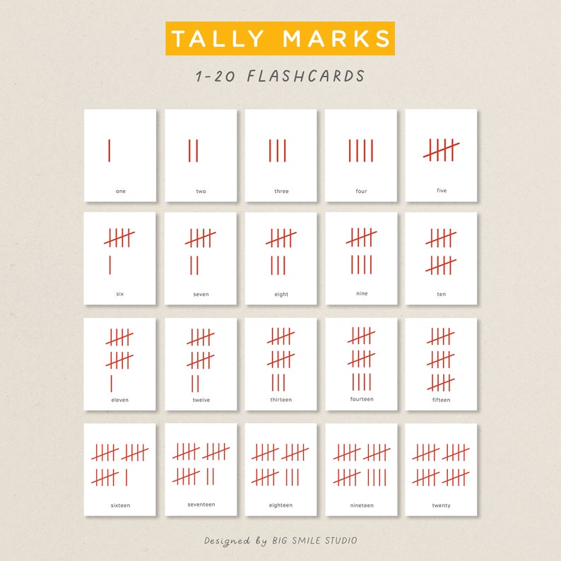 PRINTABLE Tally Marks Flashcards 1-20 for Kids, Learning Number Sense ...