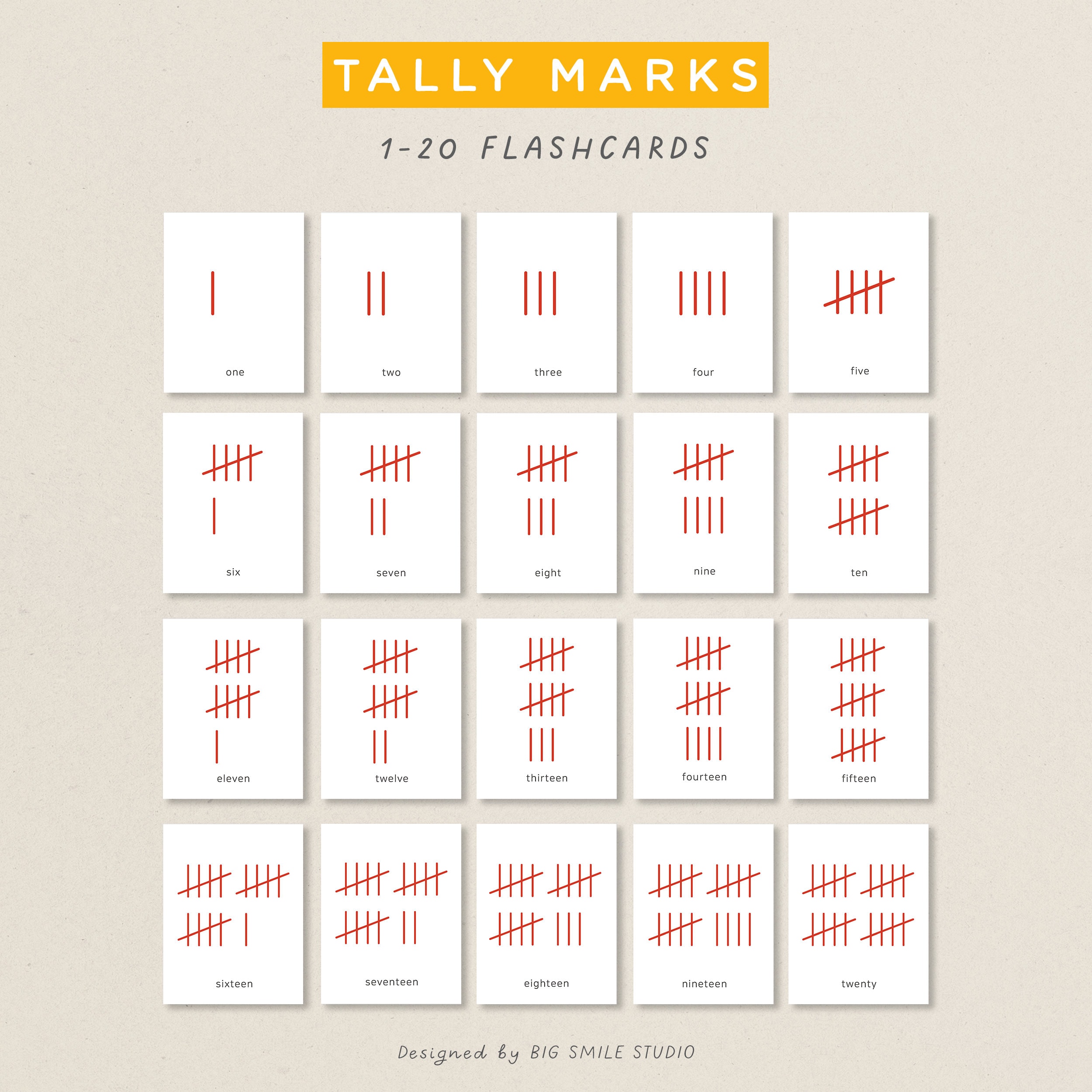 PRINTABLE Tally Marks Flashcards 1-20 for Kids, Learning Number Sense ...