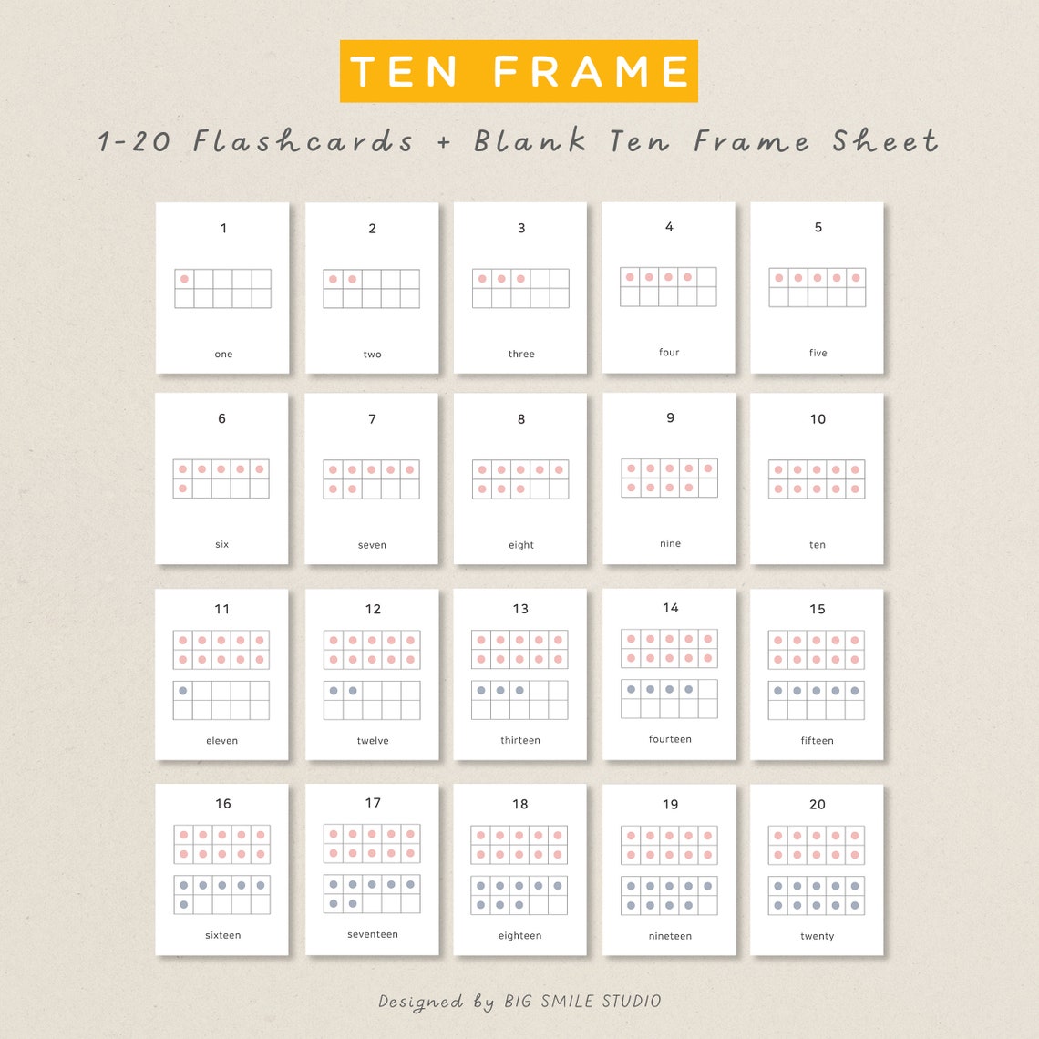 PRINTABLE Ten Frame Flashcards 1-20 for Kids, Learning Number Sense ...