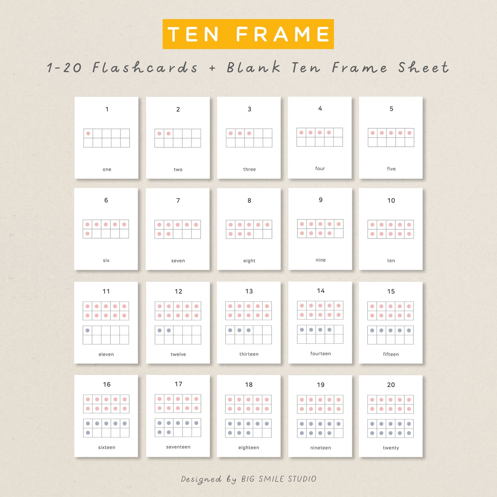 PRINTABLE Ten Frame Flashcards 1-20 for Kids, Learning Number Sense ...