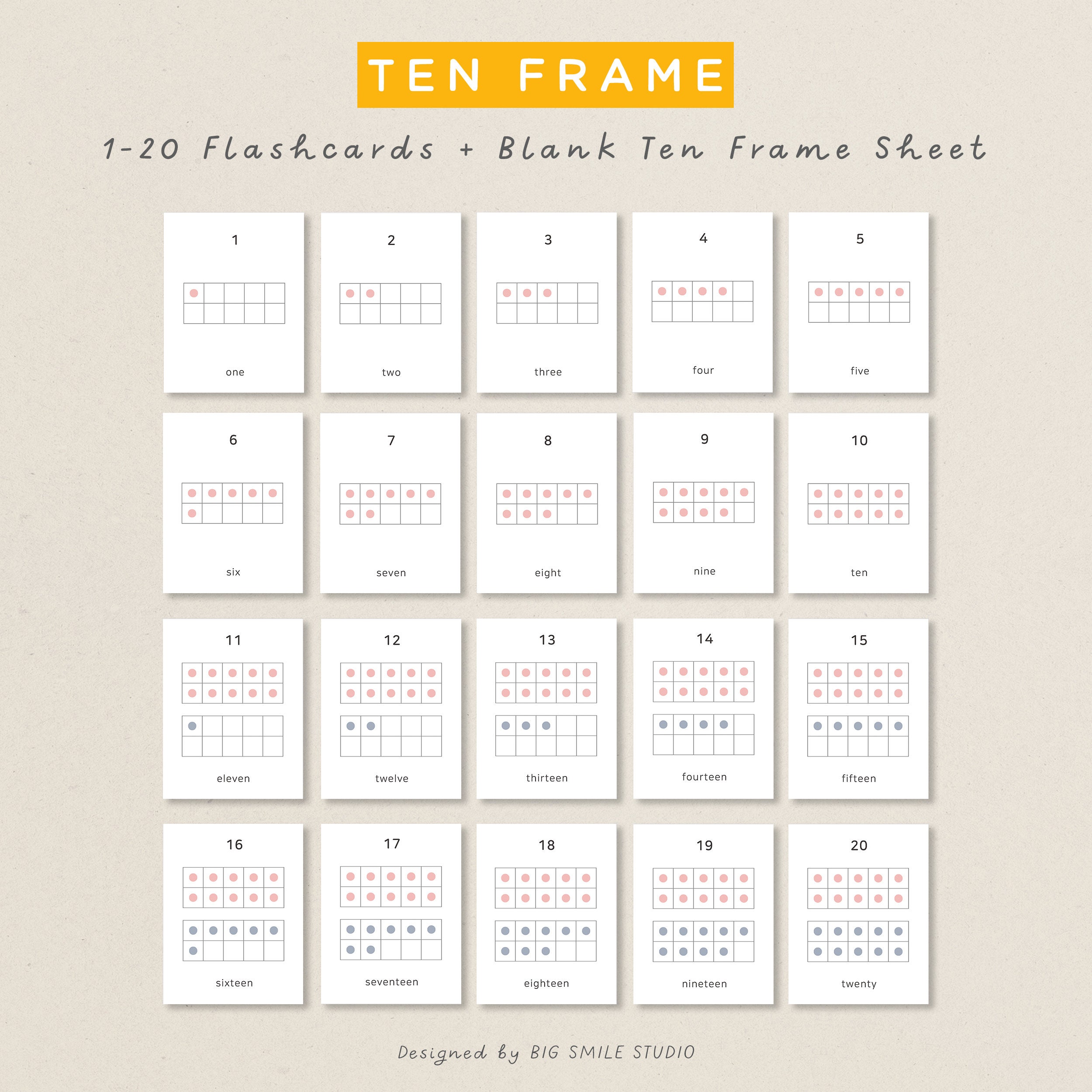 PRINTABLE Ten Frame Flashcards 1-20 for Kids, Learning Number Sense ...