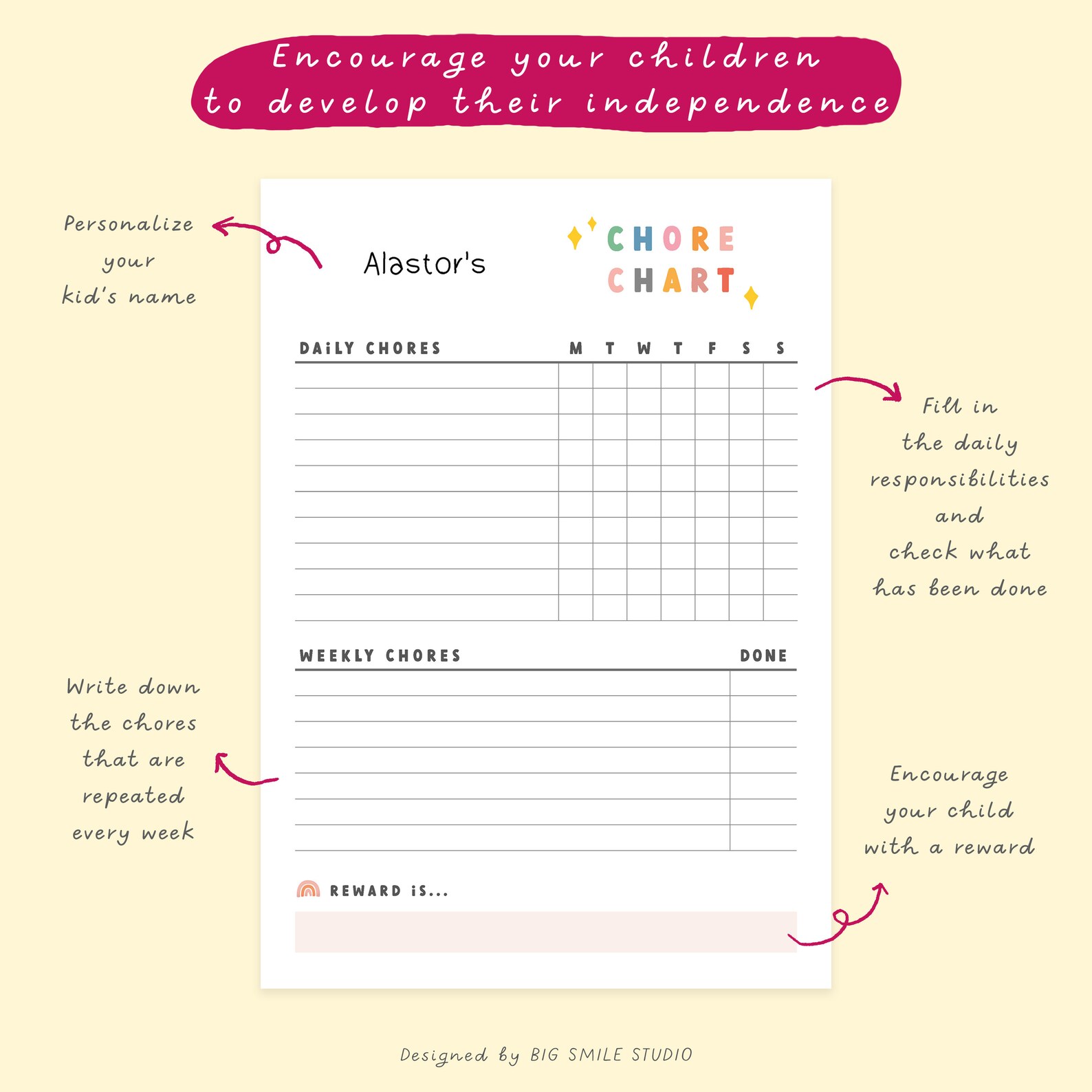 Chore Chart for Kids Printable, Responsibility Reward Chart, Daily ...