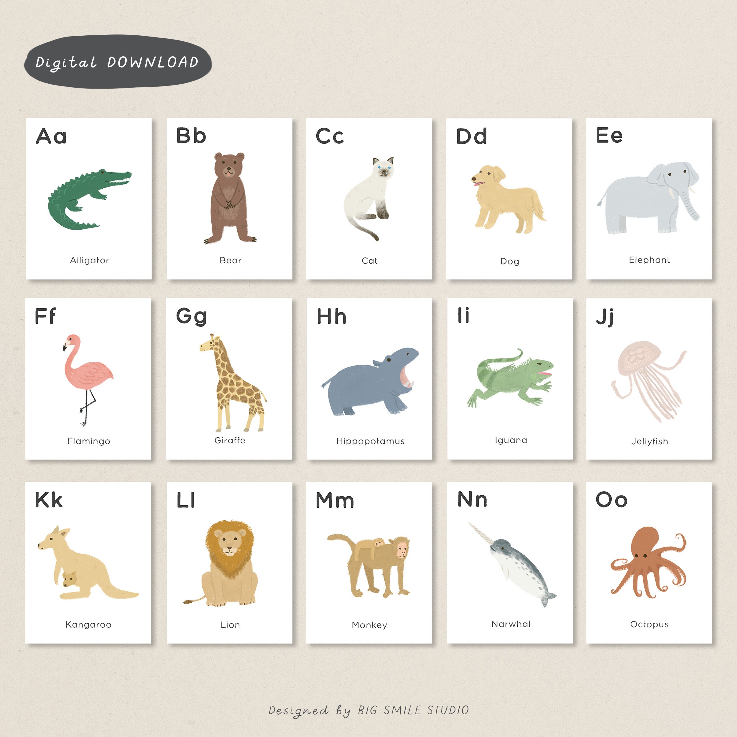 PRINTABLE Animal Alphabet Flashcards for Kids, Montessori Preschool ABC ...