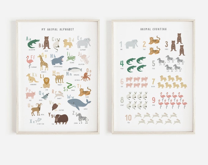PRINTABLE Animal Alphabet and Counting Poster for Kids, Set of 2, ABC ...