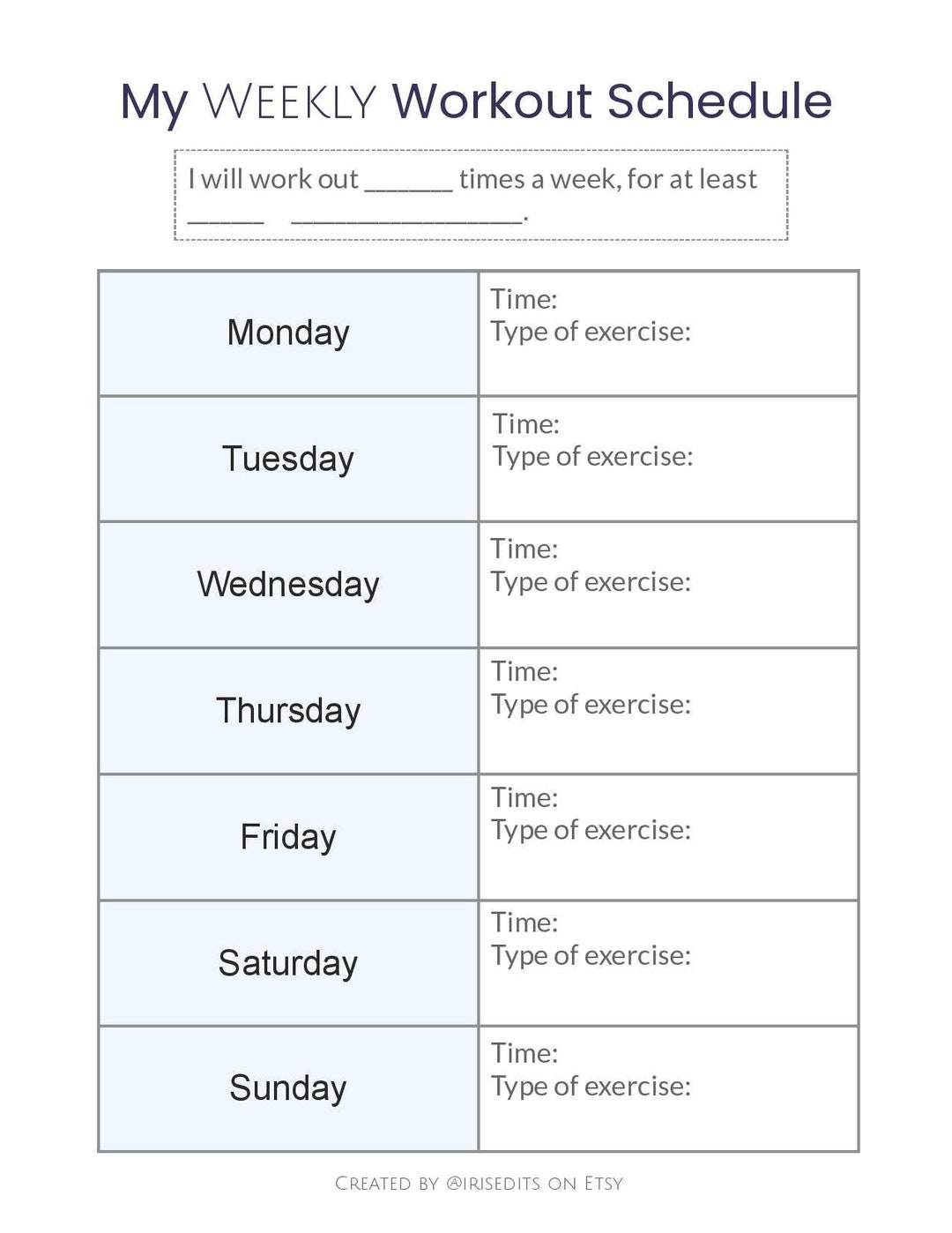 Printable Workout Schedule - Etsy