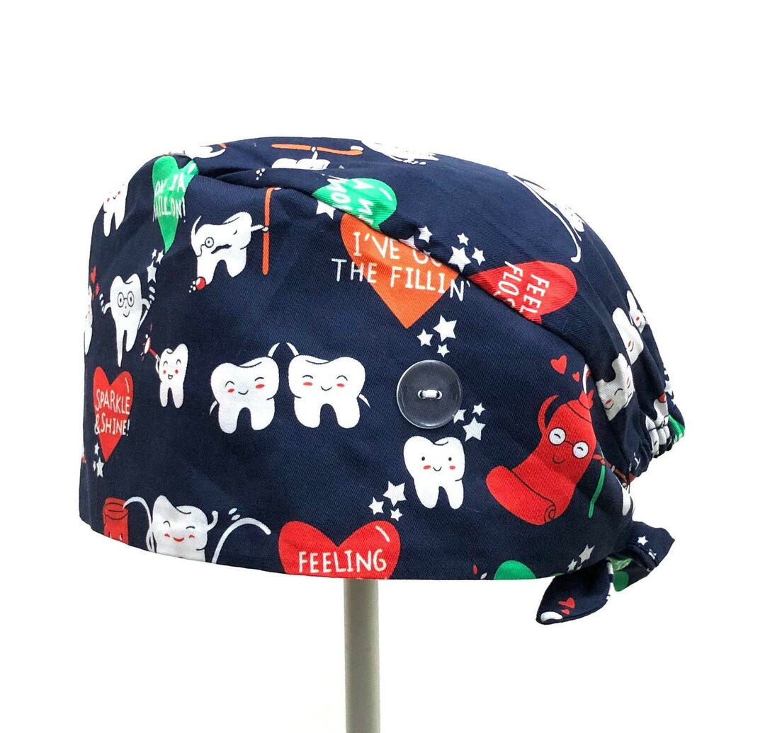 Dentist Surgical Scrub Cap Hat With Buttons, Tooth Print Surgical Scrub ...