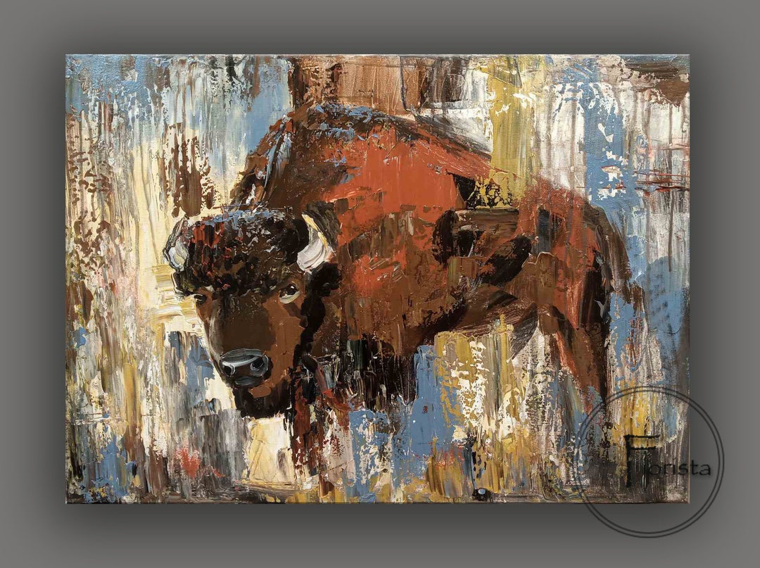 Big Abstract Bison, Original Colorful Wild Bull Painting Modern ...