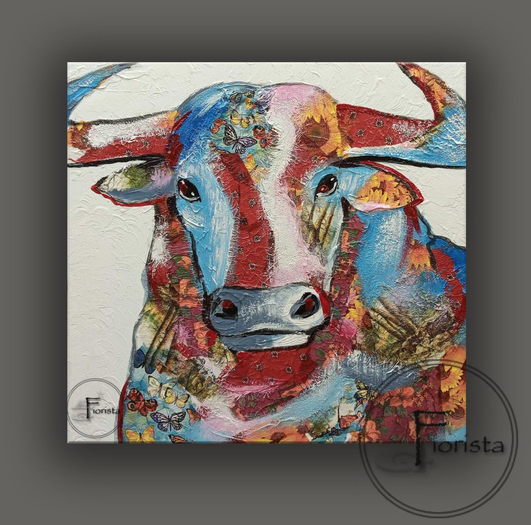 Large Textured Bull Bull Art Bright Modern Decor With Bull Colorful ...