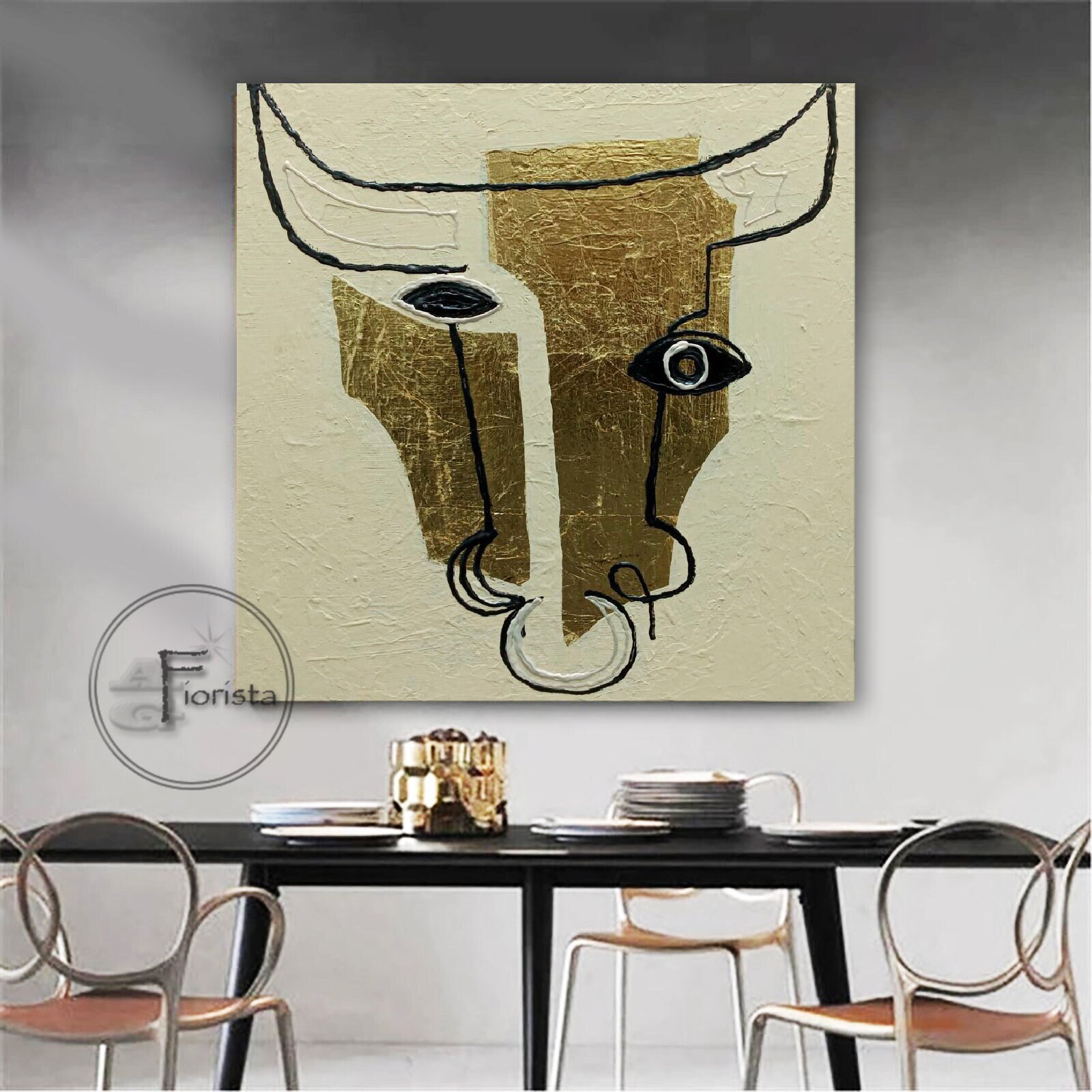 Abstract bull art gold texture 3d original painting bull art | Etsy