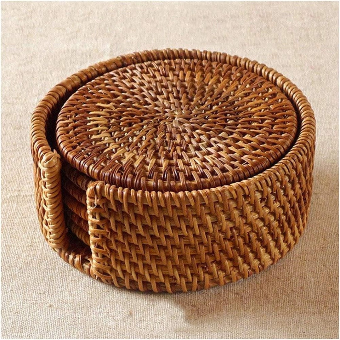 Natural Rattan Coaster Set With Holder, Braided Cup Coasters, Drink ...