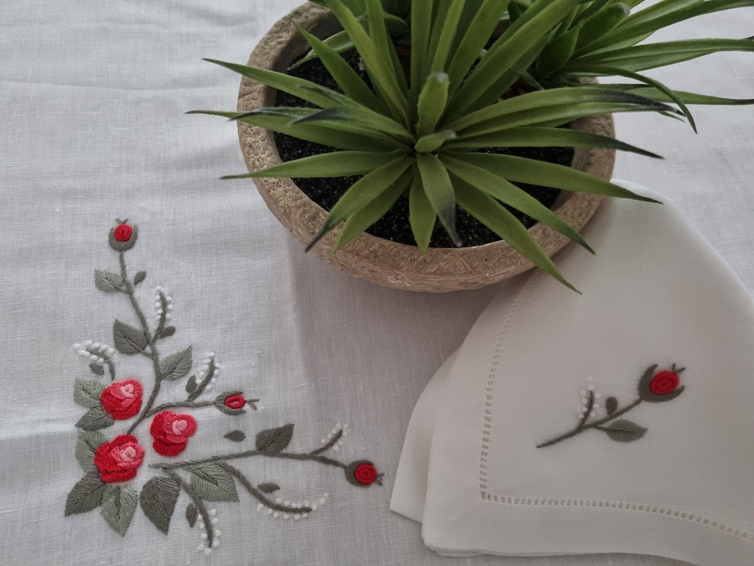 Tablecloth X12 Pure Linen With Steam Stitch Hand Embroidery Roselin ...