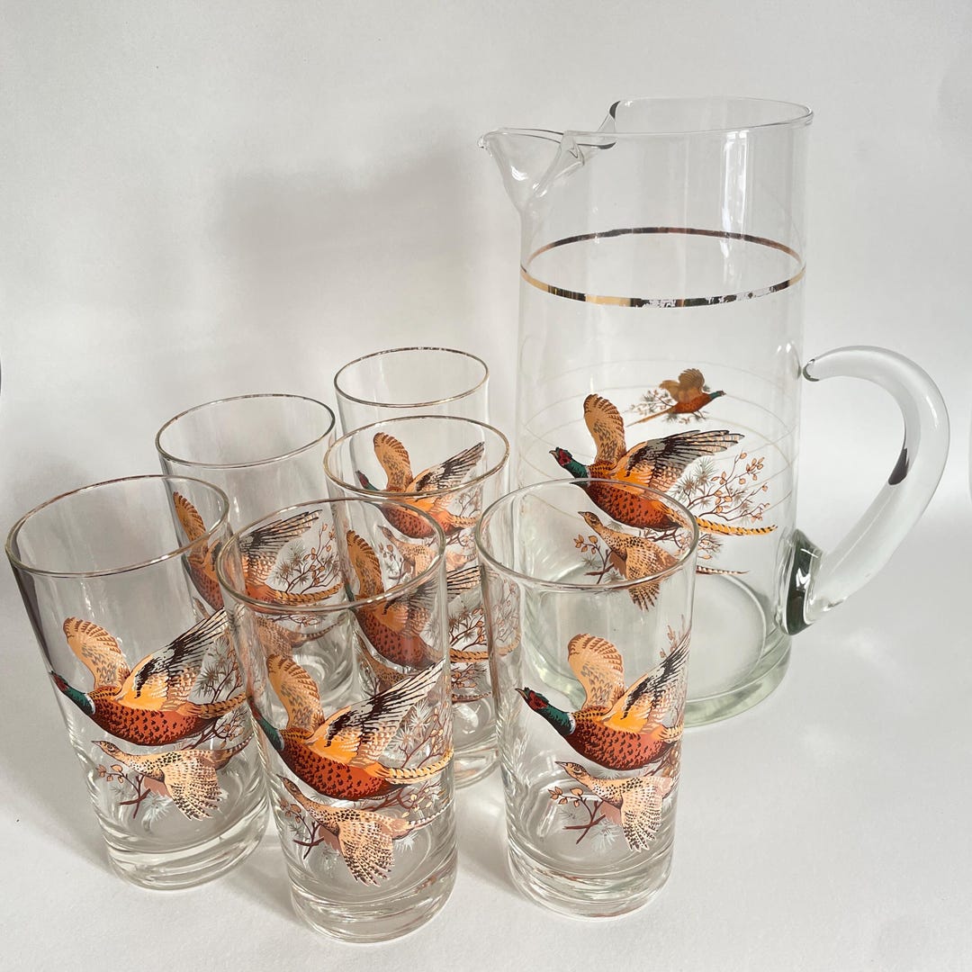 Vintage West Virginia Glass Pheasants Pitcher and Set of 6 Glasses ...