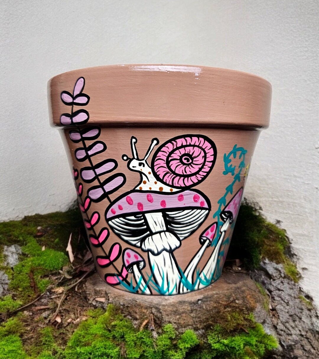 Hand-painted Terracotta Snail Planter: Mushroom Garden Decor - Etsy